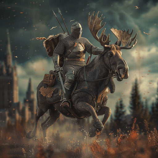 Knight riding a battle-ready moose into a medieval scene – IMAGELLA