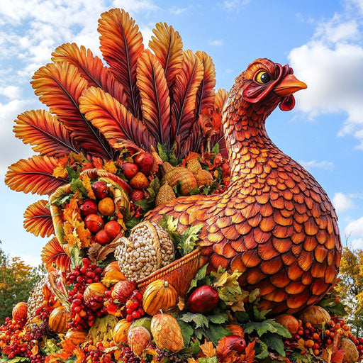 Thanksgiving parade float with giant turkey surrounded by vibrant ...
