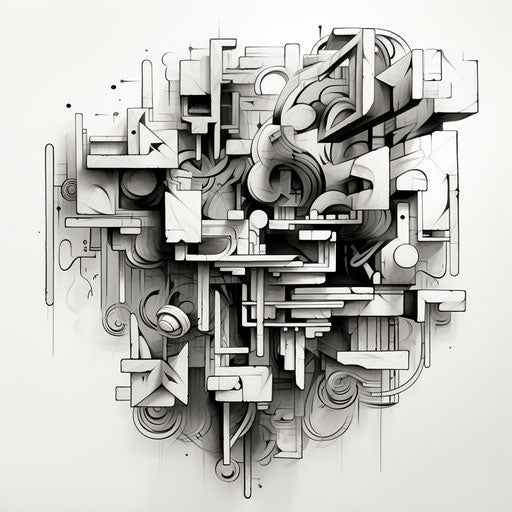 Geometric black and white drawing inspired by graffiti, mechanical ...