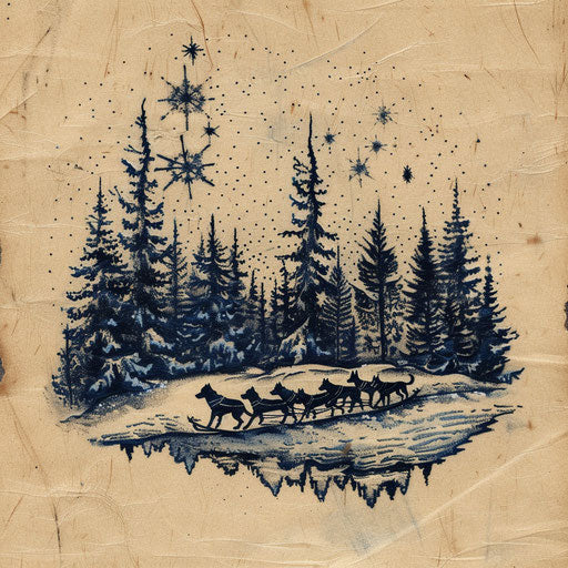 Vintage tattoo sketch of a husky sled team in a snowy forest – IMAGELLA