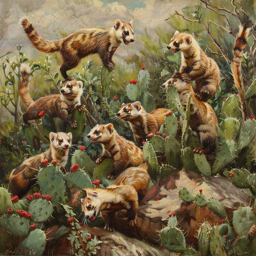 A pack of black-footed ferrets chasing each other by a cactus patch ...