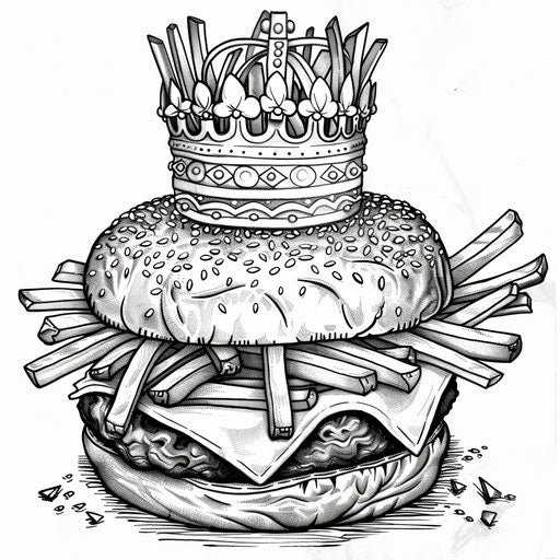 A whimsical burger with a crown, sitting on a throne made of fries ...