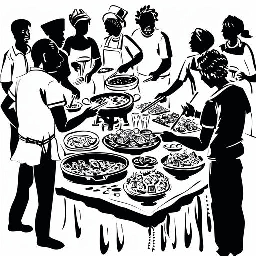 Multicultural potluck event in black and white, highlighting global ...