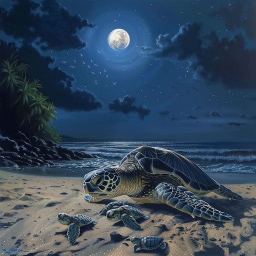 Intimate moment between a green sea turtle and its hatchlings on a ...