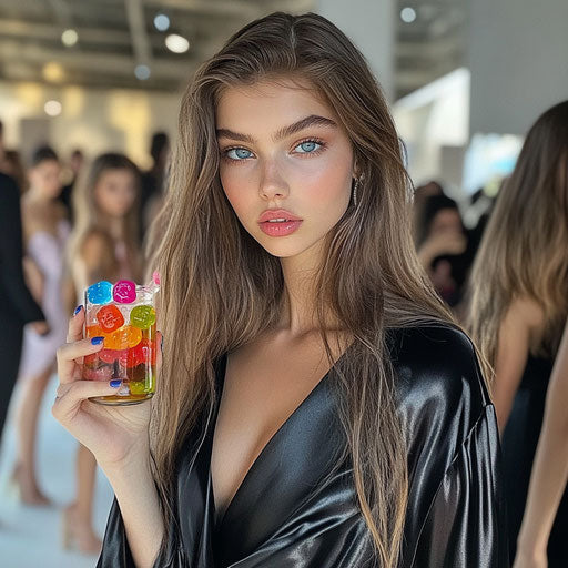 Beautiful model in black silk robe holding colorful gummy at fashion ...