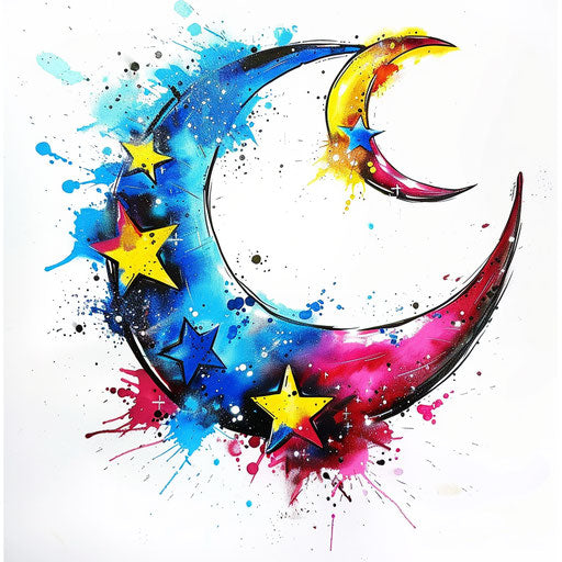 Stylized moon and stars graffiti with vibrant colors on white – IMAGELLA