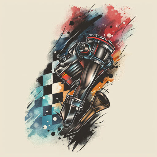 Vibrant flat sketch of a piston against colorful racing flags – IMAGELLA
