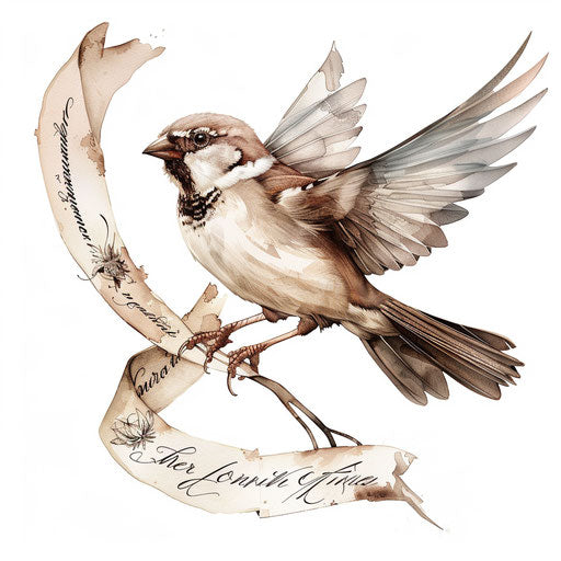 Sparrow intertwined with a ribbon bearing a meaningful quote – IMAGELLA