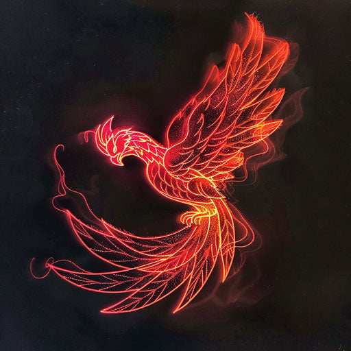 Flat tattoo sketch of a neon phoenix rising with fiery red and orange ...
