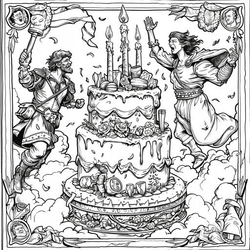 Heroic birthday cake scene with dramatic characters – IMAGELLA