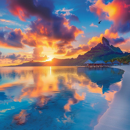 Bora Bora beach at sunset with vibrant colors reflecting on the ocean ...