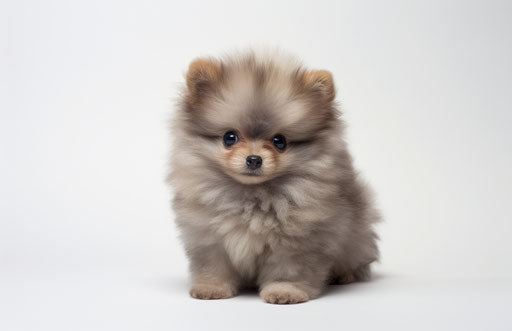 Pomeranian puppy on white background, light maroon and dark beige style ...