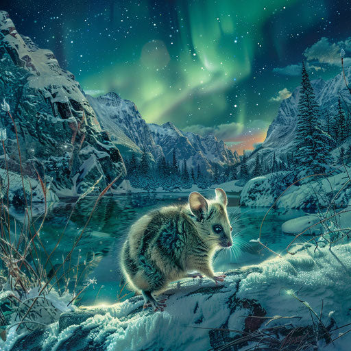 A pygmy camel roaming a snowy landscape under the Northern Lights ...