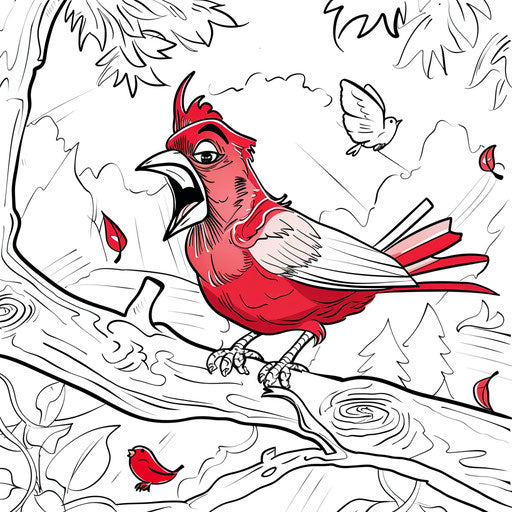 A cardinal singing in a lively cartoon scene coloring book page – IMAGELLA