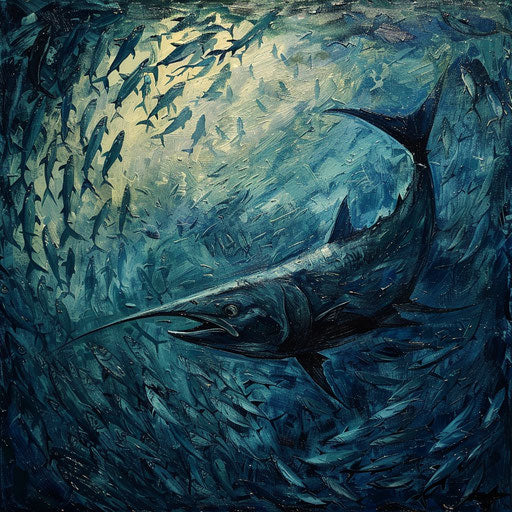 Dynamic predator and prey scene with a swordfish chasing sardines ...