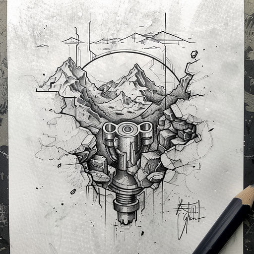 Flat tattoo sketch of a piston pushing through a rugged, textured ...