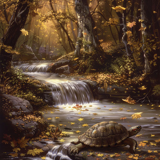 Turtle by a river, autumn leaves falling in a forest – IMAGELLA