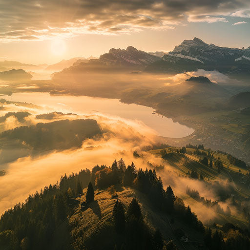 Mount Rigi bathed in golden light of sunrise, mist rising from valleys ...