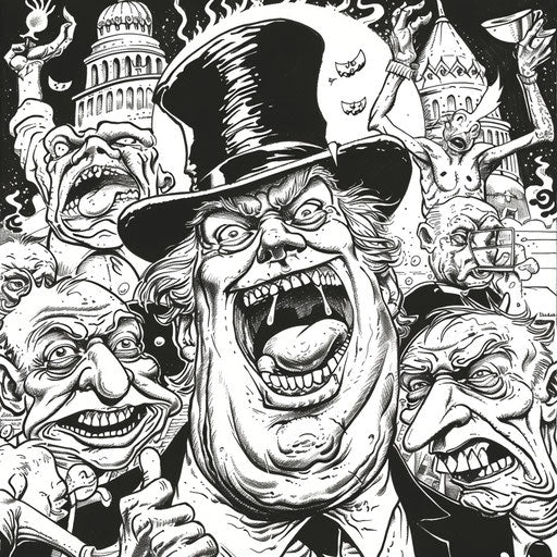 Satirical political cartoon with creepy trippy elements in the style of ...