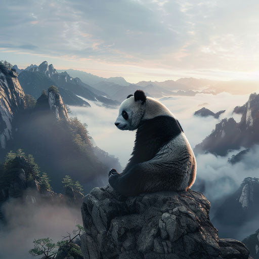 Majestic giant panda on mountain peak, panoramic misty morning view ...