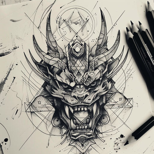 Contemporary Japanese demon with geometric background patterns – IMAGELLA