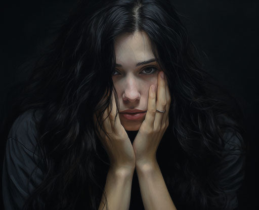 Dark-haired girl with hand on face in poignant style – IMAGELLA