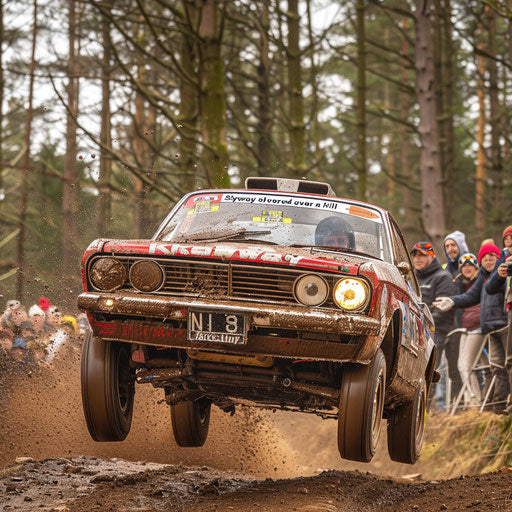 Classic rally car from the sky covered in mud, airborne over a hill ...