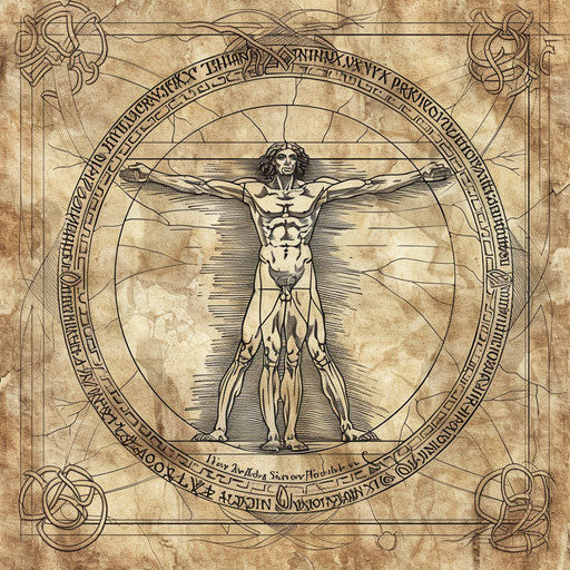 Symbolic tattoo sketch of Vitruvian Man with ancient runes – IMAGELLA