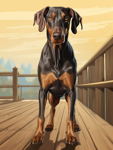 Doberman on wooden platform, exaggerated features – IMAGELLA