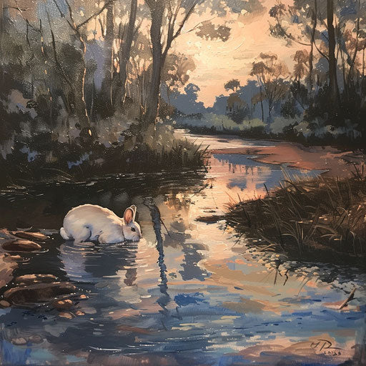 Riverbank in dusk, gentle waters, cautious rabbit – IMAGELLA