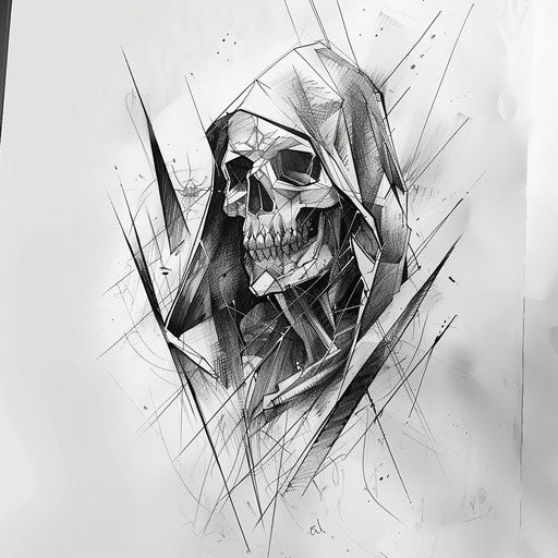 Abstract reaper tattoo design with geometric shapes and grayscale ...