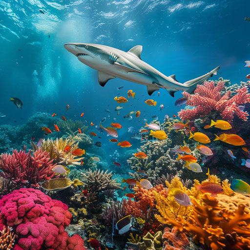 Bull shark exploring a vibrant coral reef with colorful fish – IMAGELLA