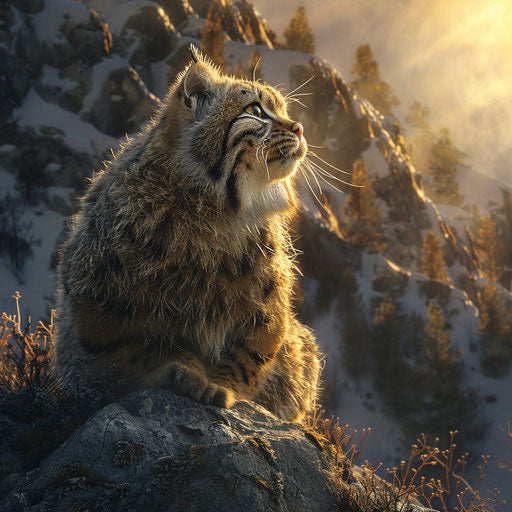 A Pallas's cat in the golden light of an evening in the mountains, in ...