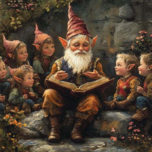 Gnome storyteller reading ancient book to captivated young elves – IMAGELLA