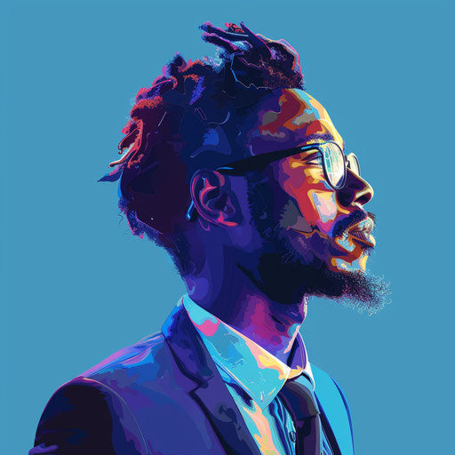 On a flat, royal blue background, a photo realistic principal clipart ...