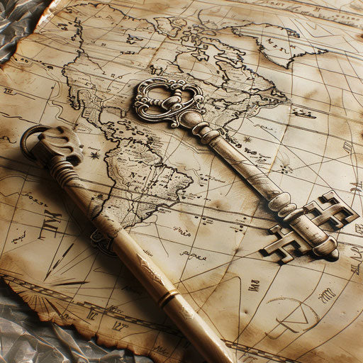 Adventurous sketch of a treasure key on map with sepia tones – IMAGELLA