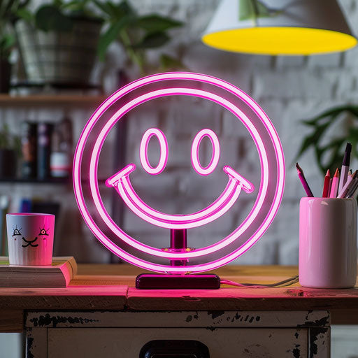 Neon pink smiley face sign on a desk – IMAGELLA