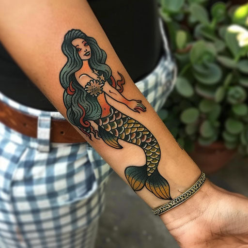 Mermaid wrist tattoo in the style of Sailor Jerry – IMAGELLA