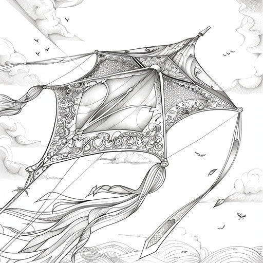 A kite flying high with a long tail. Coloring book page – IMAGELLA