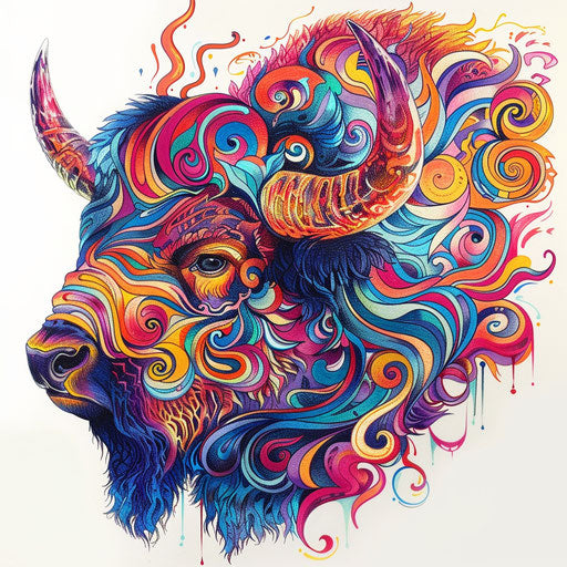 Vivid flat tattoo sketch of a bison with psychedelic swirls – IMAGELLA
