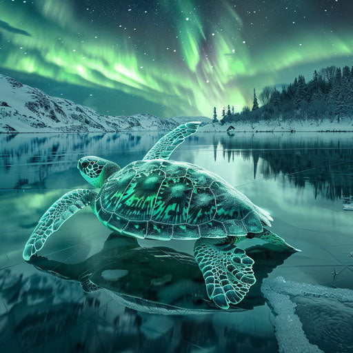 An ice turtle gliding on a frozen lake under the northern lights ...