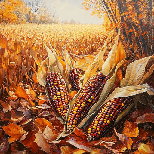 Indian corn patch surrounded by autumn leaves in sunlight – IMAGELLA