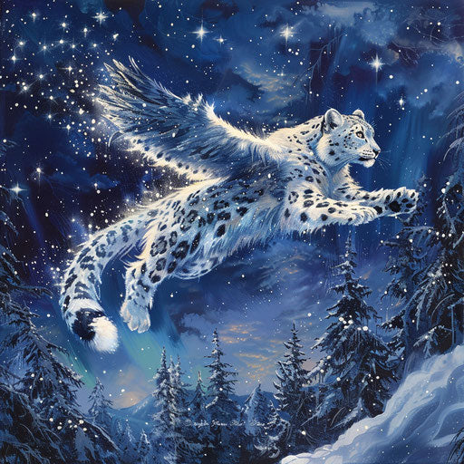 Magical snow leopard with feathers gliding over a snow-covered forest ...