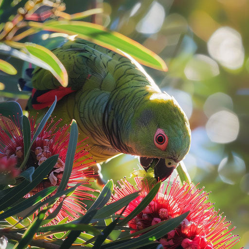 Swift parrot feeding on bright red flowers – IMAGELLA