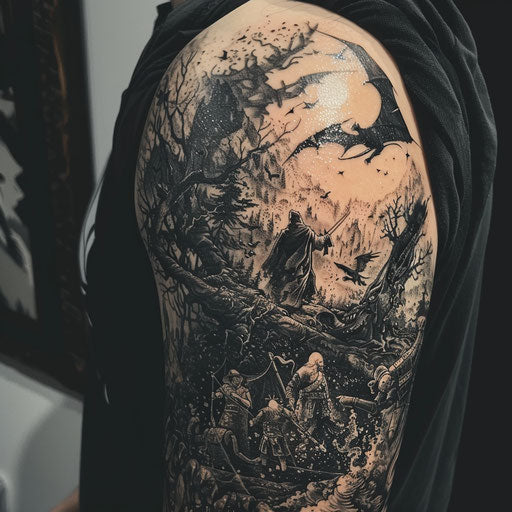 Dark, gritty half sleeve tattoo with fantasy scenes – IMAGELLA
