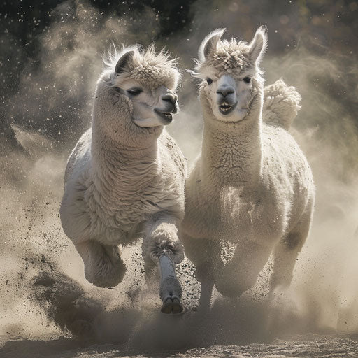 Alpacas in a playful squabble, kicking up dust with energy. – IMAGELLA