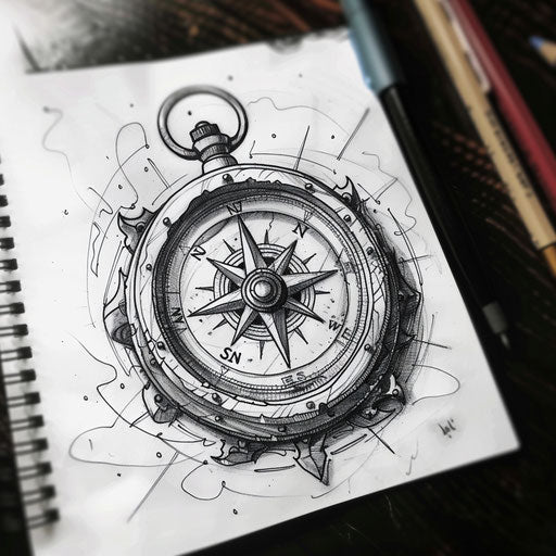 Flat tattoo sketch of an enigmatic old compass with cryptic symbols ...