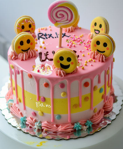 Pink and yellow cake with smiley faces, text "Rtx.ins", lollipop emoji ...