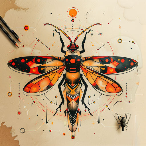 Modern tattoo sketch of a firefly with pixel art elements and bright ...