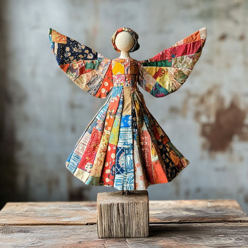 Handcrafted angel from recycled materials on reclaimed wood base – IMAGELLA